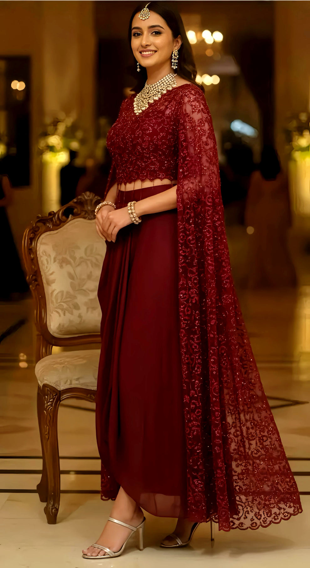 Designer Drape Skirt Outfit with Hand Embroidery - House Of Anureet